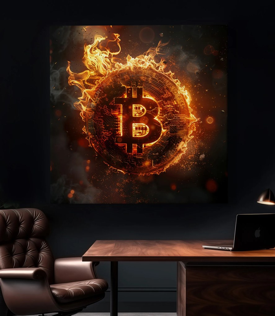 Obraz na plátně - Bitcoin Ohnivé logo FeelHappy.cz Velikost obrazu: 80 x 80 cm