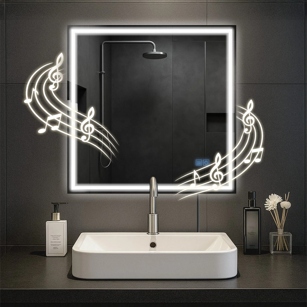 Koupelnové zrcadlo Jaffrey 80x80 s Bluetooth – čiré sklo