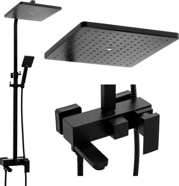 Erga Cube, sprchová souprava s pákovou baterií, vanovou výlevkou a dešťovou hlavicí 30x30cm, černá matná, ERG-YKA-BP.CUBE-30-BLK