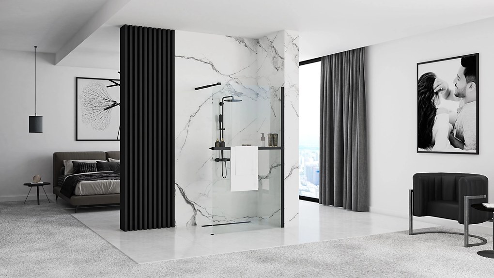 Rea Aero, sprchová zástěna typu Walk-In 90 cm + polička a věšák EVO, 8mm čiré sklo, černý profil, KPL-K7581