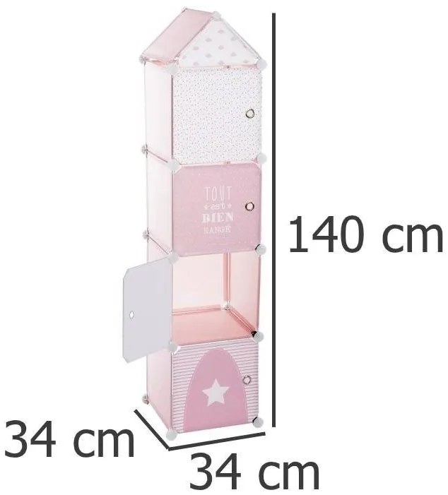 Skříň do dětského pokoje, regál, 4 přihrádky, 34 x 140 x 32 cm, růžová