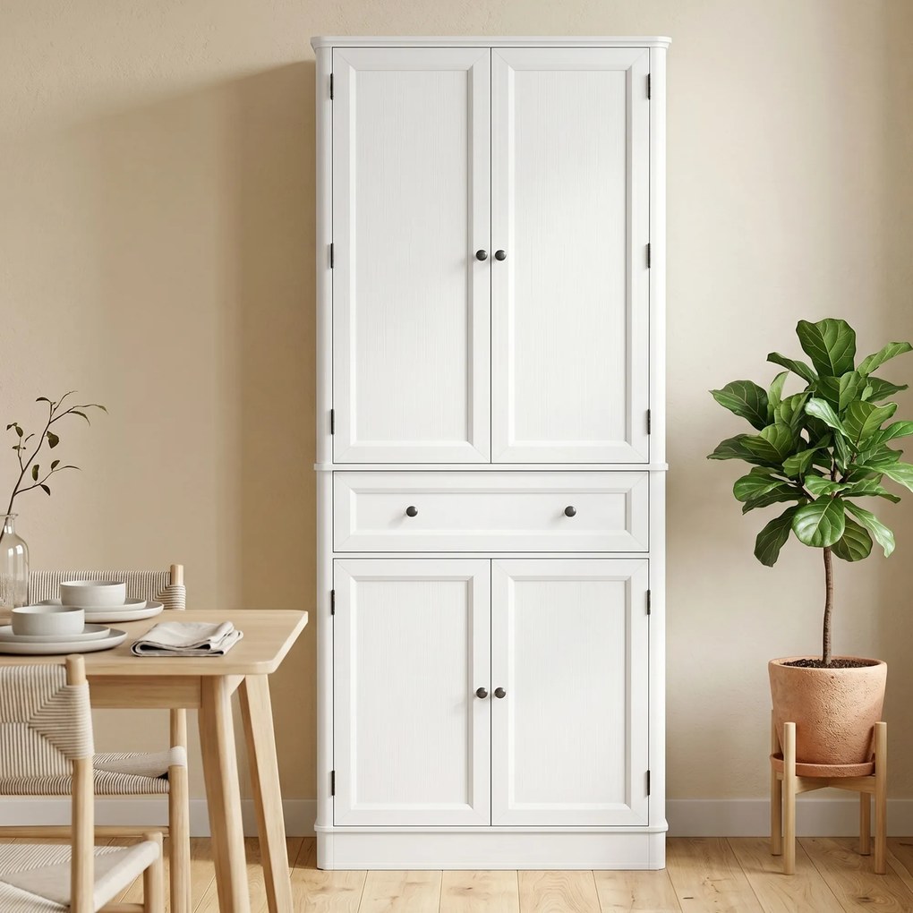 HOMCOM 186,4 cm vysoká kuchyňská skříň se čtyřmi dvířky, zásuvkou a nastavitelnými policemi, bílá – 80 x 39,5 x 186,4 cm