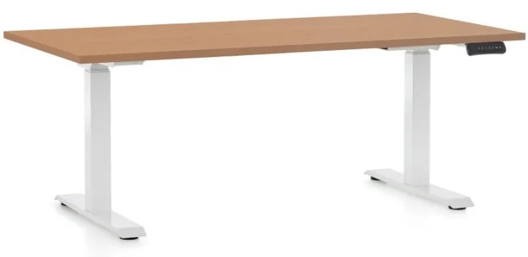 Výškově nastavitelný stůl OfficeTech D, 160 x 80 cm, bílá podnož, buk