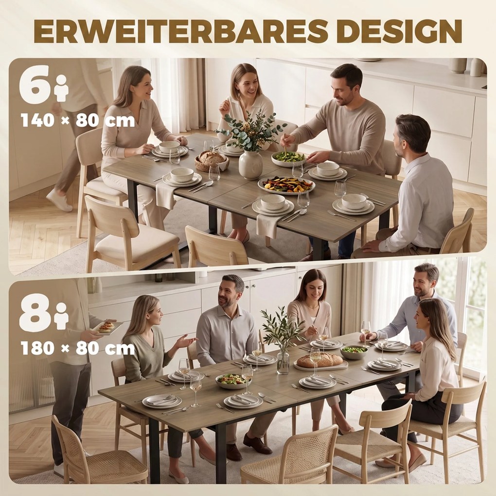 HOMCOM Rozkládací jídelní stůl 140-180 cm pro 6-8 osob, obdélníkový v industriálním designu s ocelovým rámem, hnědý