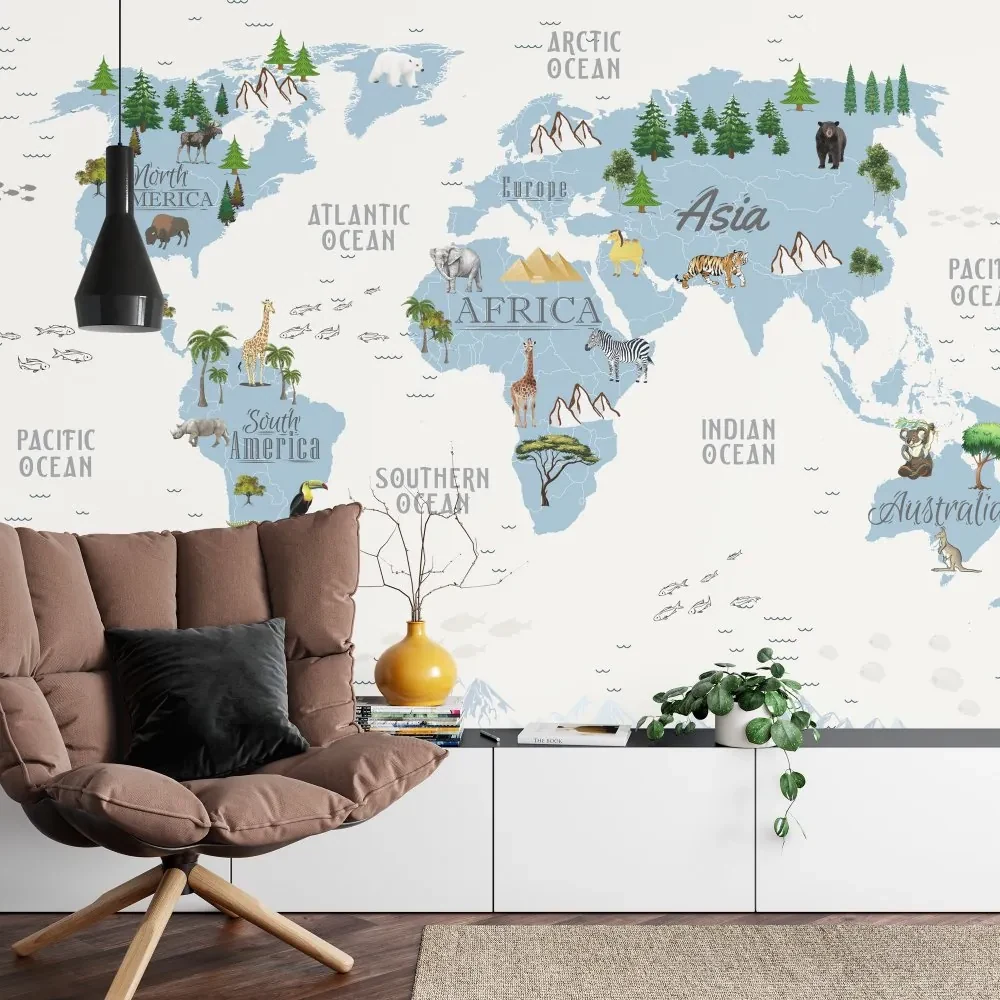 Fototapeta Animals World Map For Kids Wallpaper Design Vliesová tapeta ...