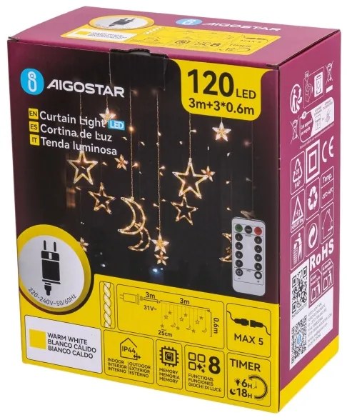 Aigostar - LED Ven. ván. řetěz 120xLED/6W/230V/8 funkcí 3x0,6m IP44 teplá bíláDO