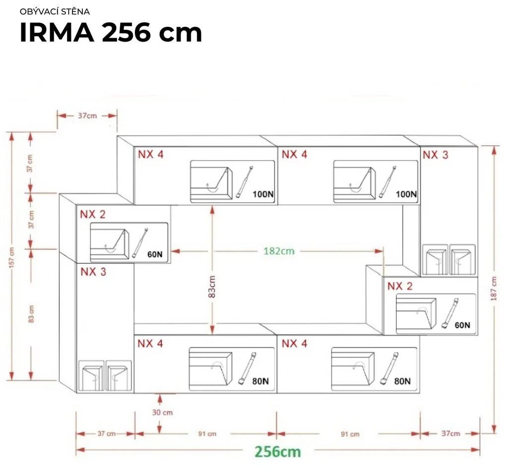 Ral Obývací stěna IRMA 7, 256 cm - Černý lesk
