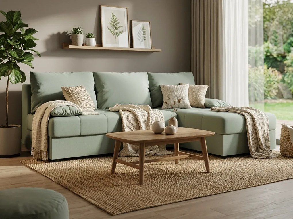 Rozkládací oboustranná sedací souprava do L VENORIA SLIM 200x143 cm, světle zelená + 2 polštářky ZDARMA