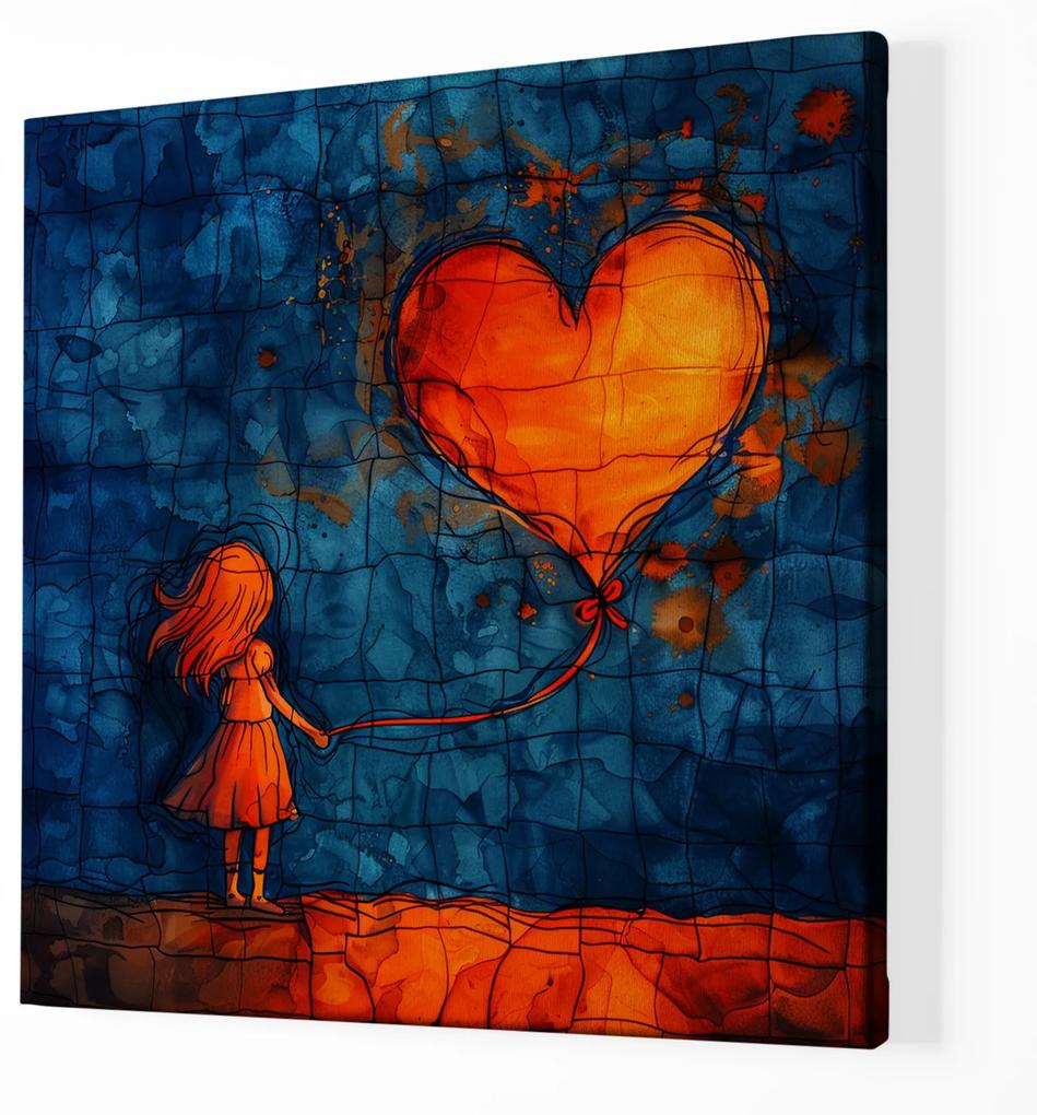 Obraz na plátně - Dívka a zářivé srdce balónek FeelHappy.cz Velikost obrazu: 40 x 40 cm