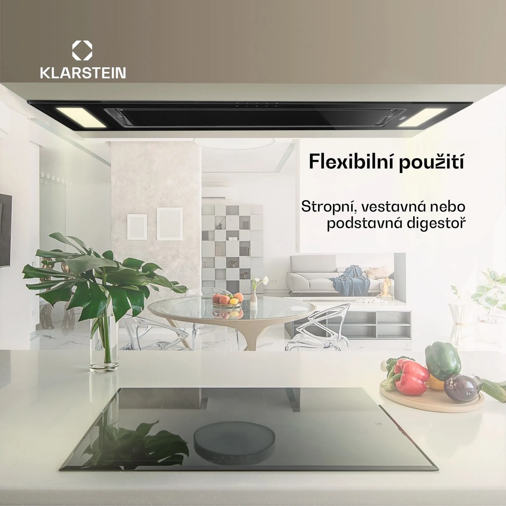 Klarstein Remy, digestoř, 90 cm, stropní, 630 m³/h, dálkové ovládání, černá