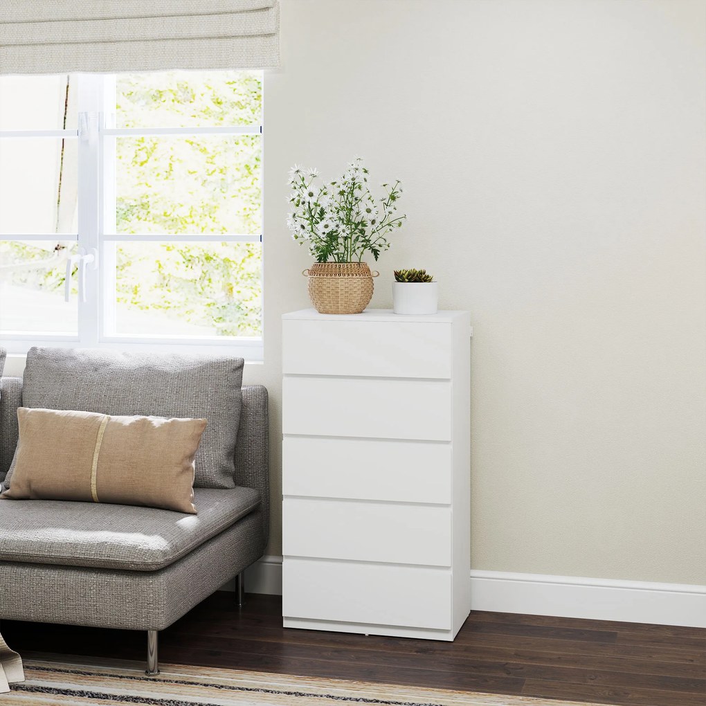 HOMCOM Komoda s 5 Zásuvkami, Moderní Skříň na Oblečení pro Obývací Pokoj, Ložnici a Chodbu, Bílá, 55 x 34 x 100 cm