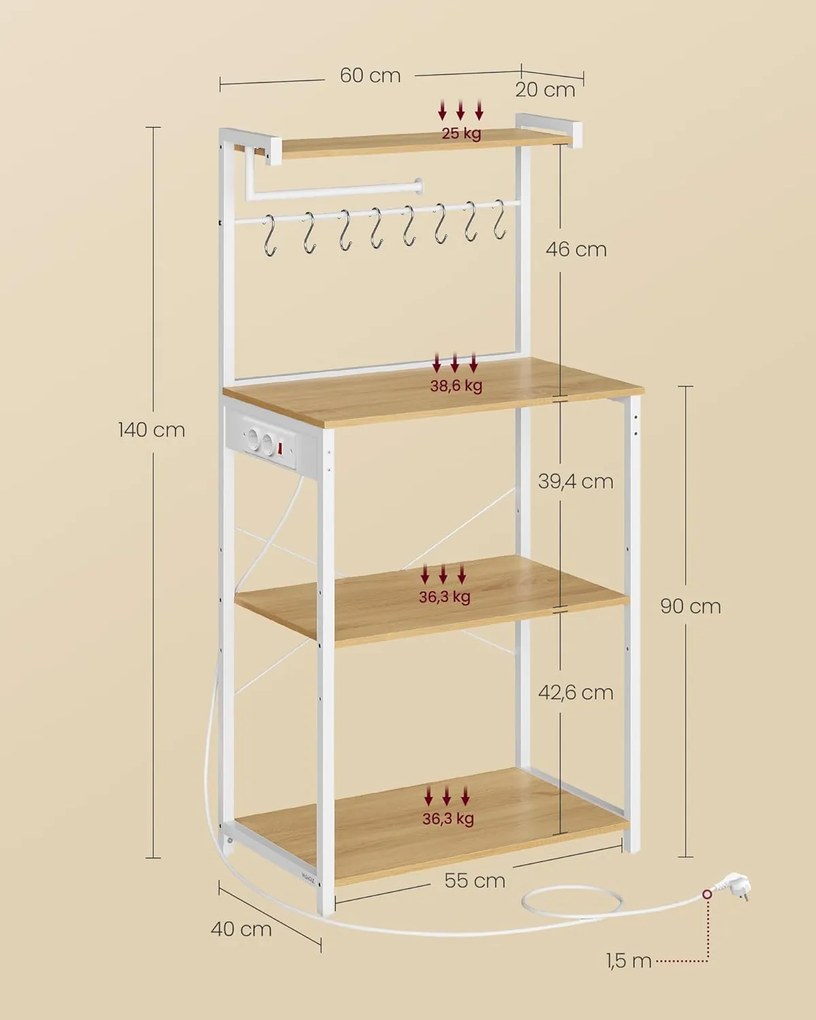Kuchyňský regál s napájecí stanicí Vasagle Berry 60 cm bílý/dub zlatý