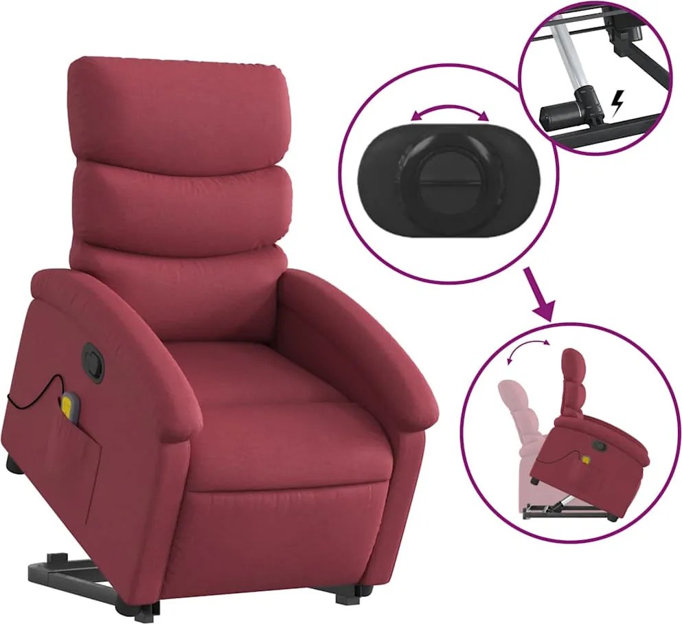 Zvedací masážní polohovací křeslo vínové textil 3203993