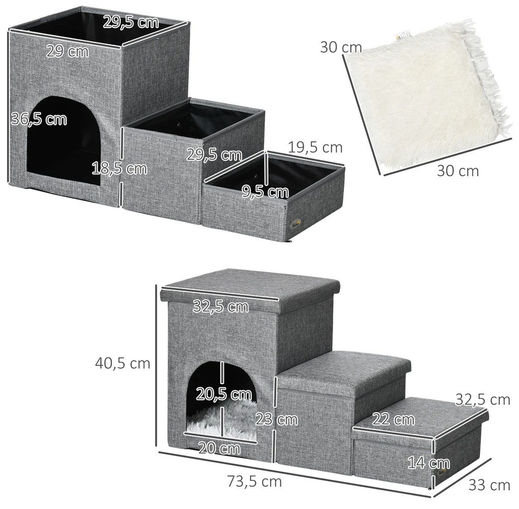 PawHut schody pro psy 3-stupňové schody pro kočky s jeskyní a úložným prostorem, rampa pro domácí mazlíčky 3 v 1 do 10 kg, pohodlný polštář, světle š…