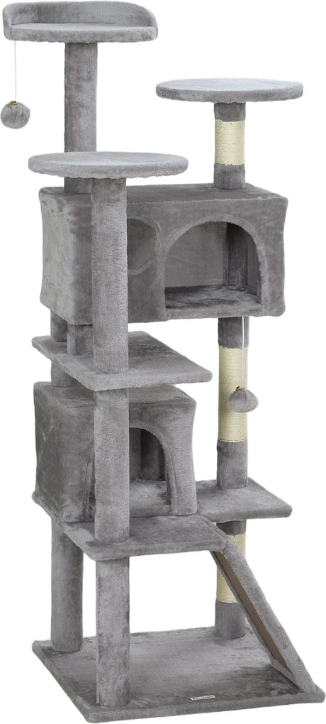 PawHut Kočičí škrabadlo výška 138 cm, strom pro kočky s sisalovými škrabacími sloupy, platformami, úkryty, zavěšenými míčky a hamakem, světle šedé | A