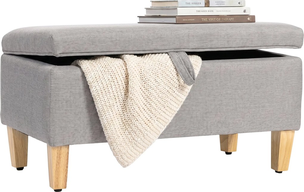 HOMCOM Storage Bench — Linen-Upholstered End-of-Bed Ottoman with Rubberwood Legs, Light Gray, 71 x 37 x 36 cm (28.0 x 14.6 x 14.2 in) | Aosom