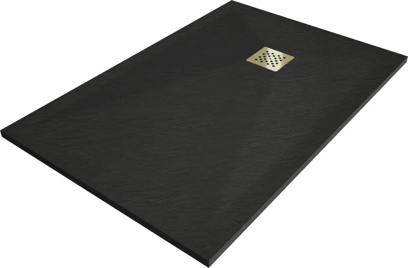 Mexen Stone+, obdélníková vanička z minerálního kompozitu 120 x 80 cm, černá, zlatá lesklá krytka, 44708012-G