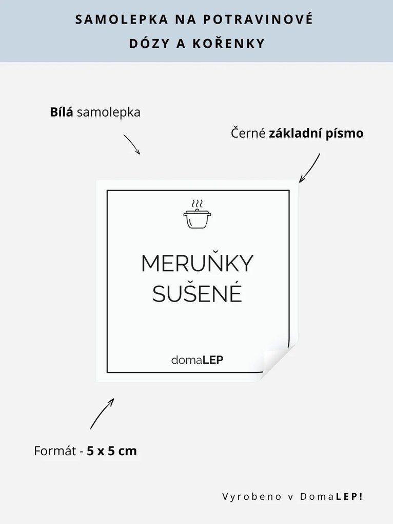 MERUŇKY SUŠENÉ – bílá samolepka na dózu, základní písmo, 5 x 5 cm | DomaLEP