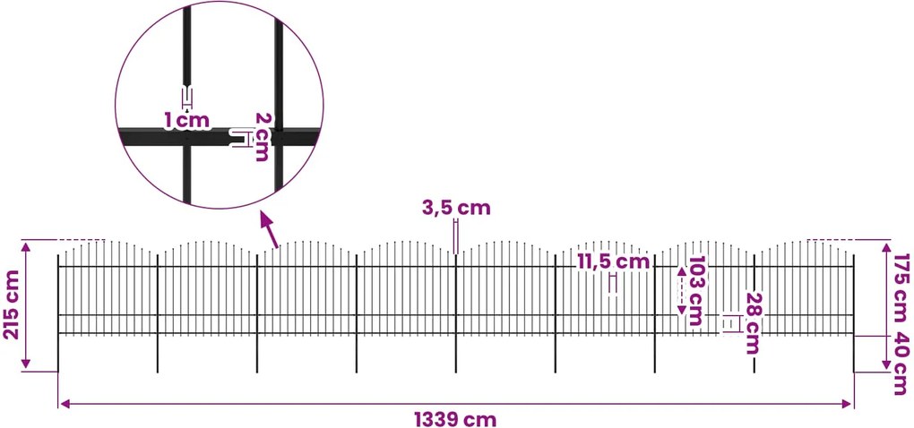 Zahradní plot s kopím nahoře ocelový 1339 x 175 cm černý 277746