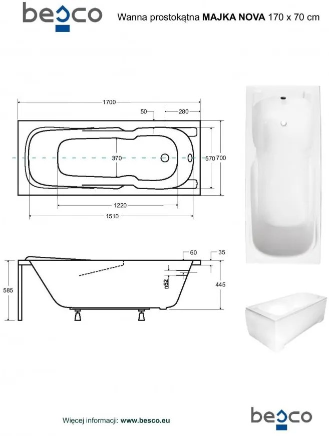 BESCO Obdélníková vana MAJKA NOVA Nožičky k vaně - S nožičkami, Rozměr vany - 170 × 70 cm VANMAJN170+OLVPINOZ