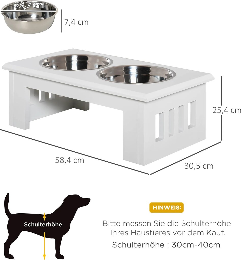 PawHut Zvýšená miska pro psy Miska na krmivo s nerezovými miskami 58,4x30,5x25,4cm MDF Protiskluzová Snadná údržba Bílá pro psy | Aosom.de