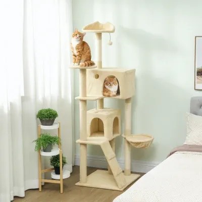 PawHut škrabadlo pro kočky 180 cm s platformami, postelí, 2 jeskyněmi, houpací sítí, žebříkem, sisalovými sloupy, béžová