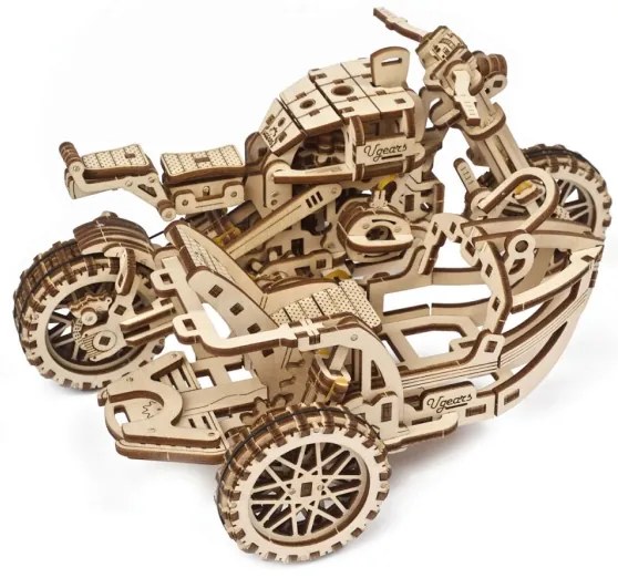 Ugears - 3D dřevěné mechanické puzzle Motorka scrambler s vozíkem