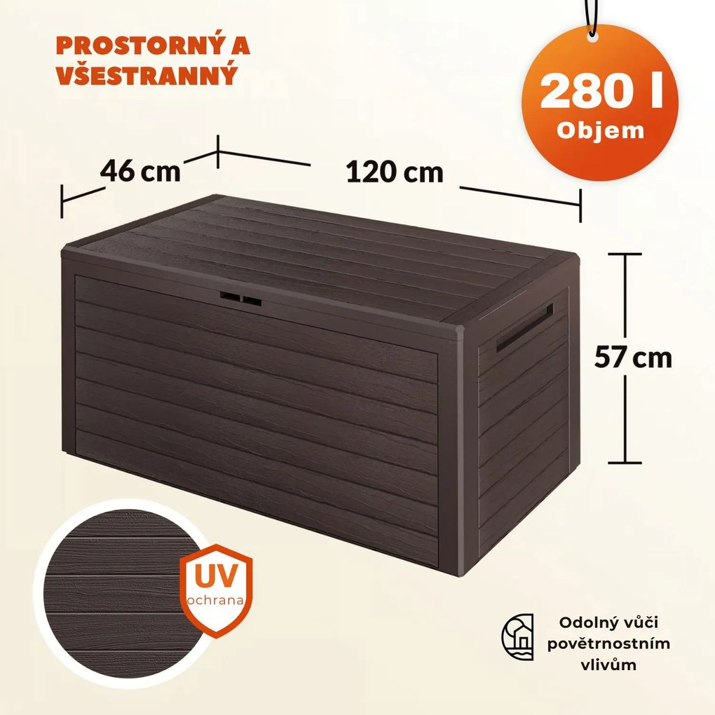 Úložný box WOODEBOX, 280L, 120x46x57cm, tmavě hnědá Prosperplast