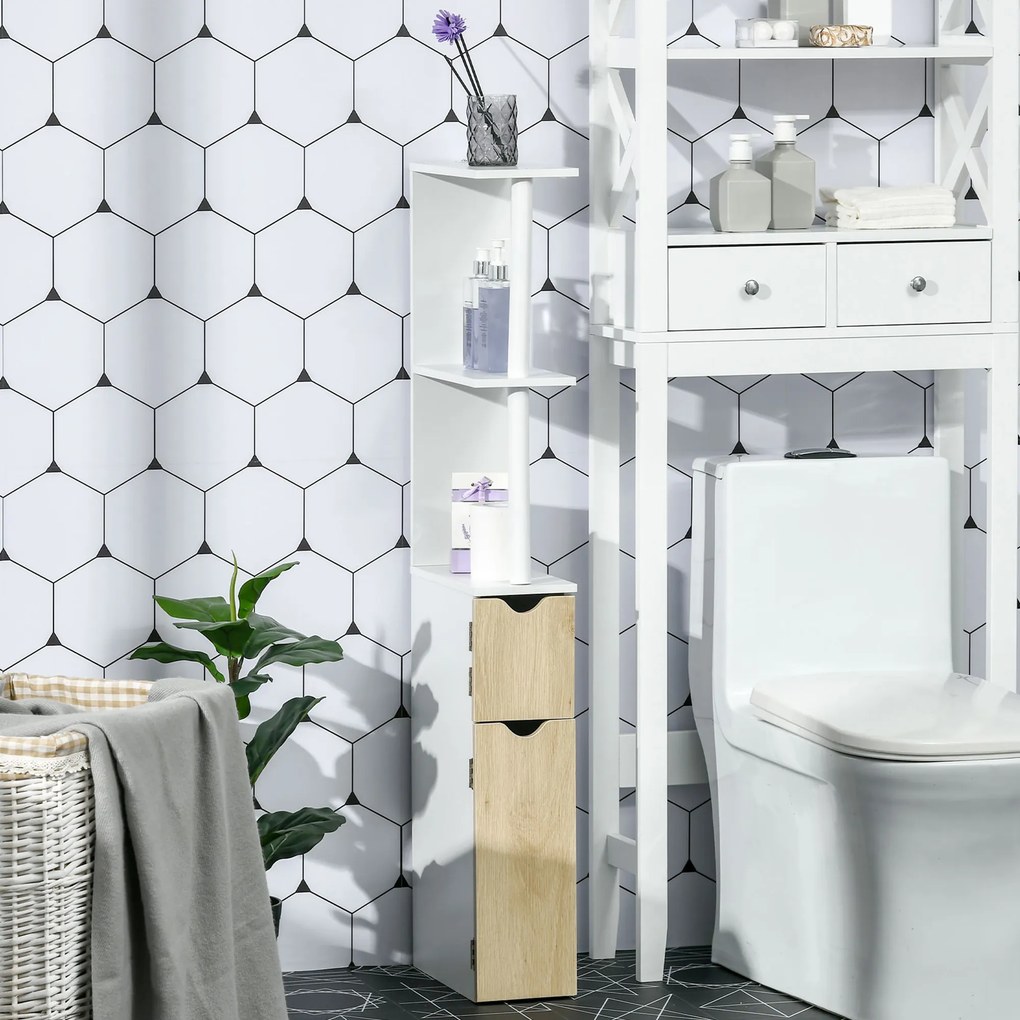 Kleankin koupelnový sloupek se 2 policemi a 2 skříňkami, vysoký úložný kabinet do koupelny v MDF, 15,2x29,8x118 cm, přírodní dřevo