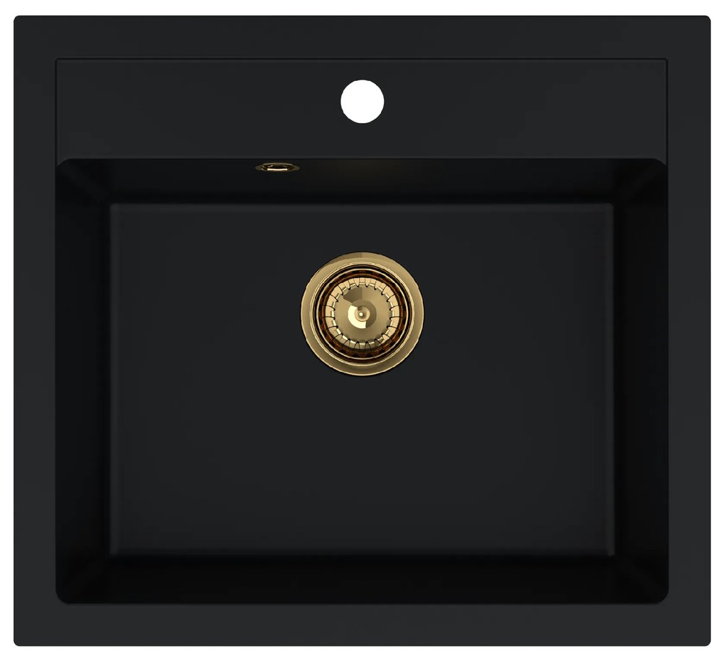 Sink Quality Ferrum, kuchyňský granitový dřez 565x510x205 mm + zlatý sifon, černá, SKQ-FER.C.1K60.XG