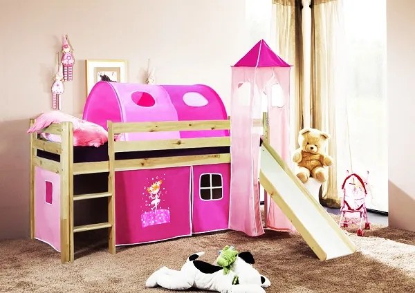 Svět pokojů Dětská vyvýšená postel se skluzavkou růžová princezna - přírodní