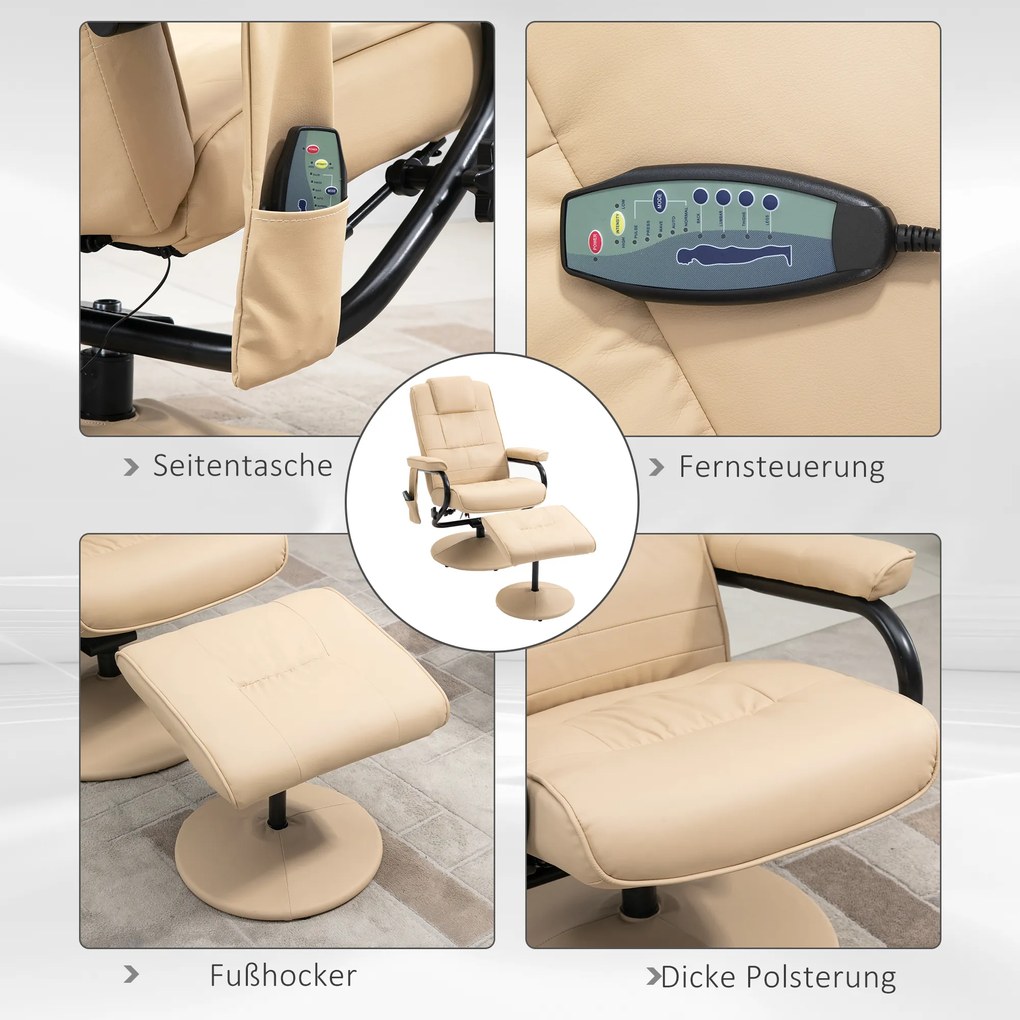 HOMCOM polohovací křeslo s masážní funkcí, masážní křeslo, TV křeslo, TV křeslo s masážní funkcí, taburet, koženka, krémová bílá, 77x84x95cm| Aosom