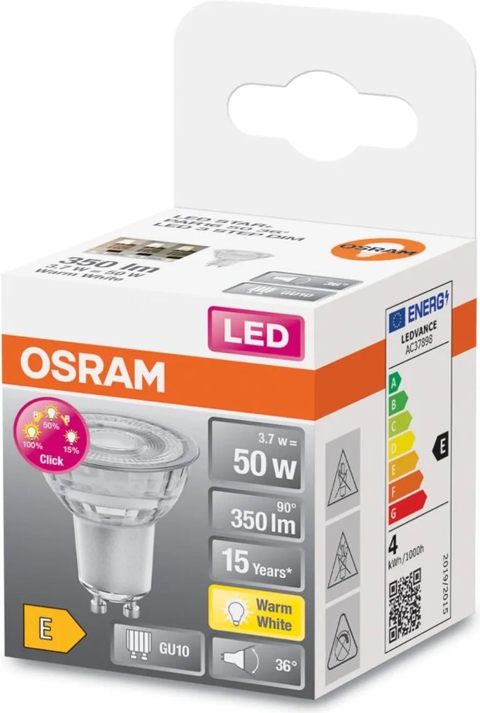 Krokově stmívatelná LED žárovka OSRAM GU10 3,7W 3-STEP DIM 2700K 350LM