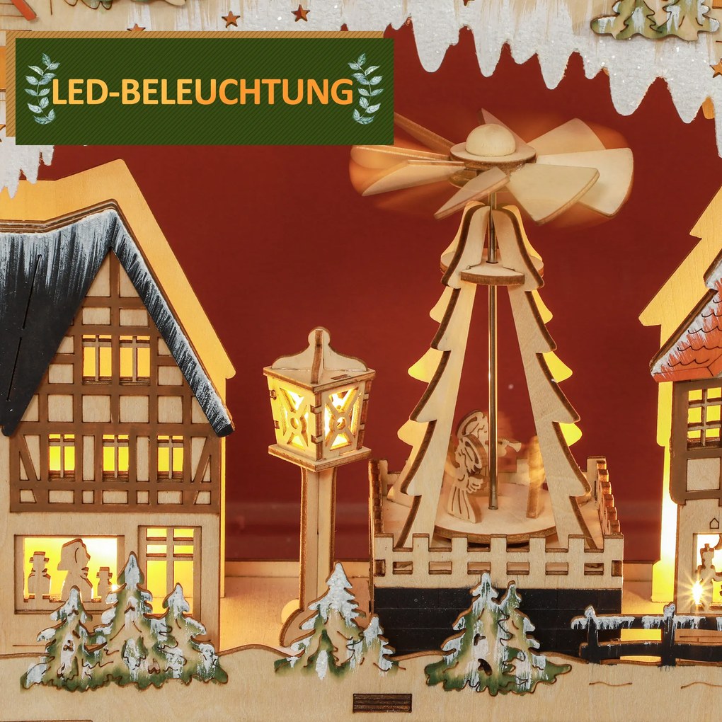 HOMCOM Adventní kalendář, vánoční vesnička, 18 LED světýlek, 24 zásuvek, opakovaně použitelný, 45 x 9 x 42,5 cm