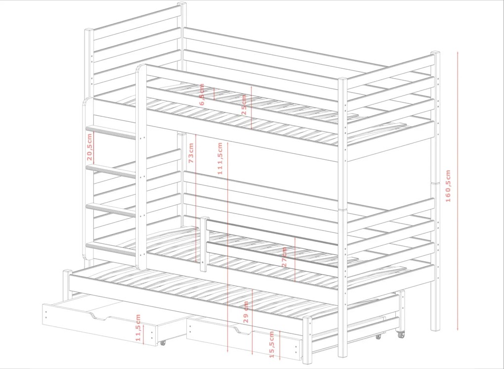 Dětská patrová postel z masivu borovice LUKÁŠ s přistýlkou a šuplíky - 200x90 cm - bílá