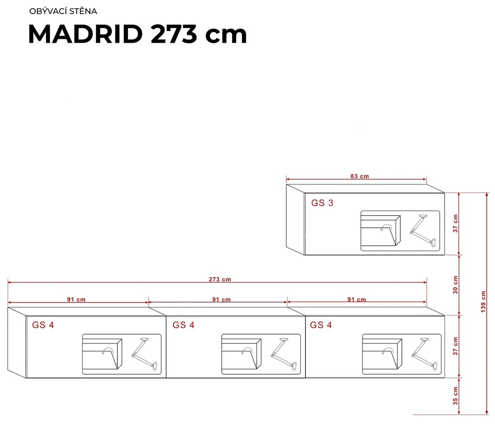 Ral Obývací stěna MADRID 3, 273 cm - Bílý lesk