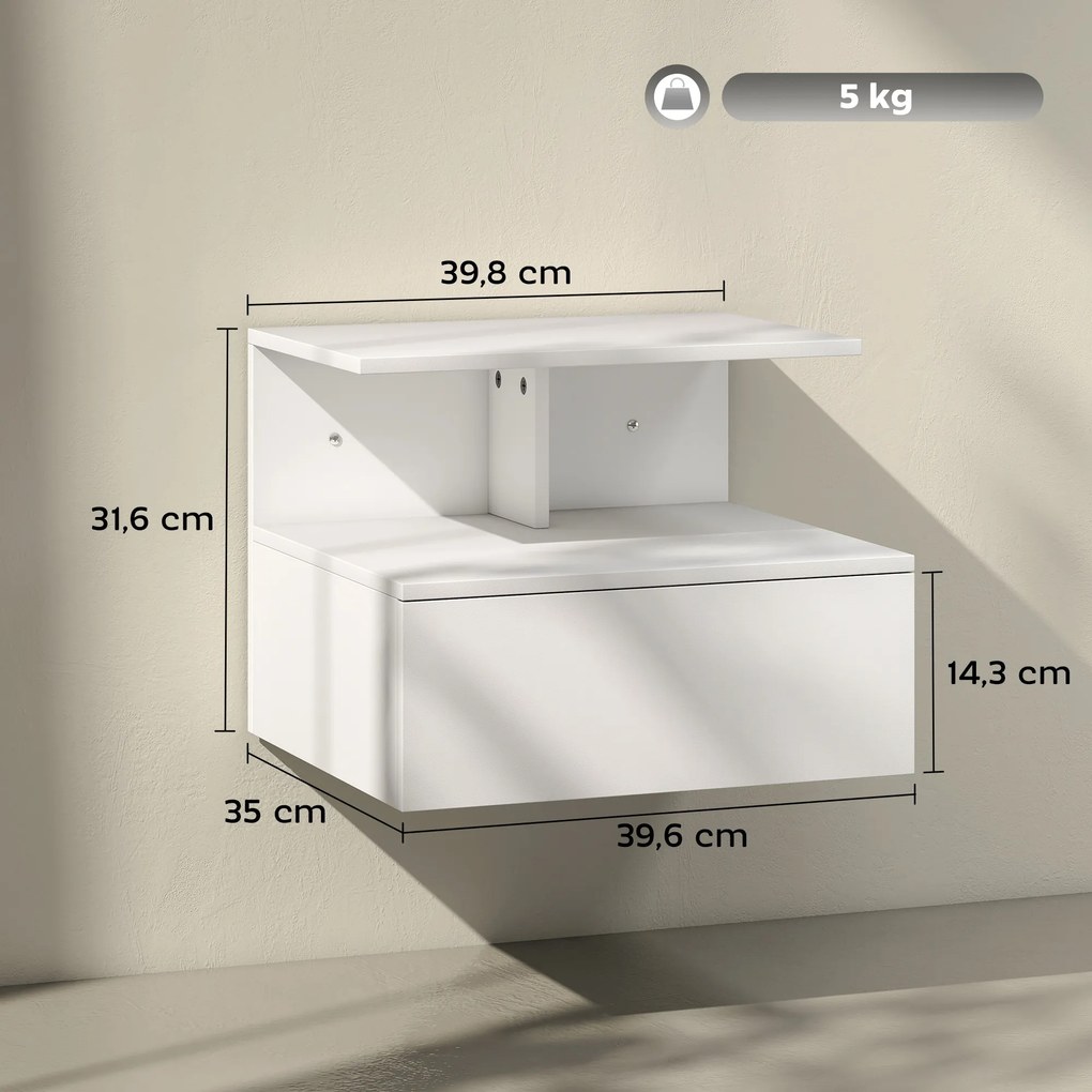 HOMCOM Floating Noční Stolek s Úložným Prostorem a Zásuvkou, Bílý, 39.8 x 35 x 31.6 cm