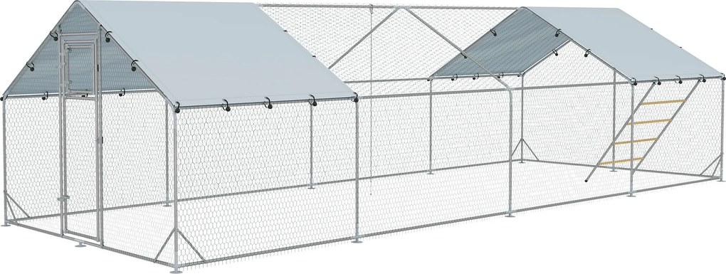 Ocelový výběh pro kuřata PawHut, 300 x 800 x 195 cm, klec pro kuřata s krytem odolným proti UV záření, dvířka na krmení, závěsné krmítko, bidýlko, vý…