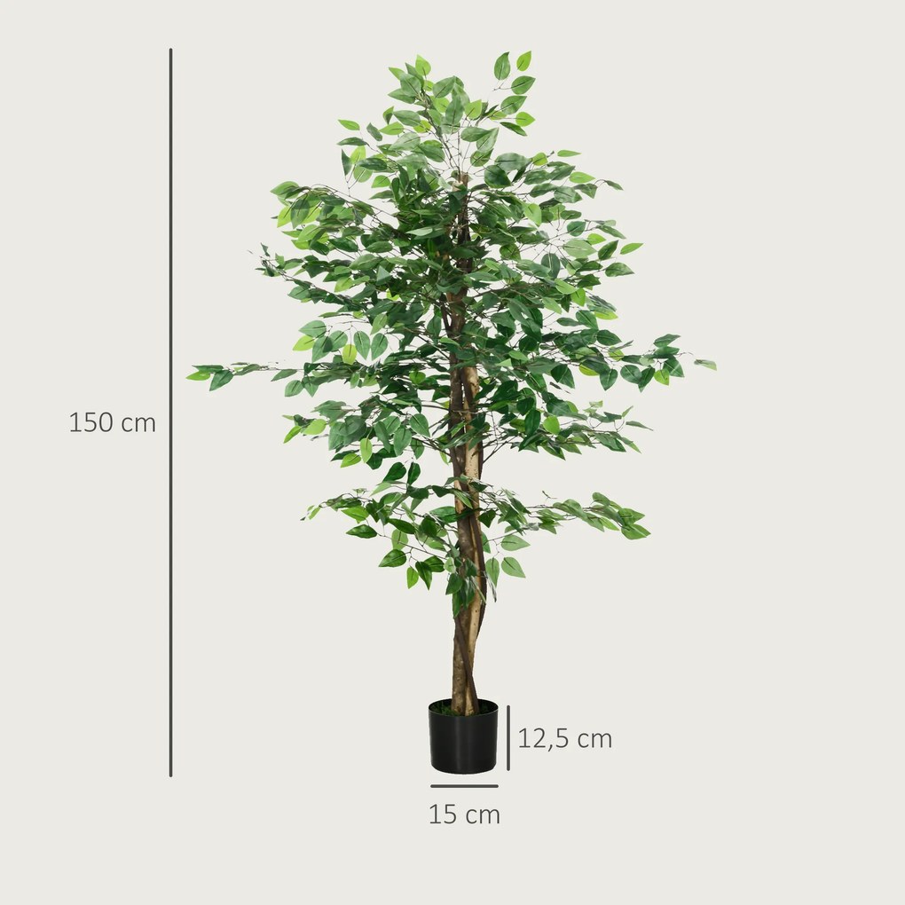 HOMCOM Umělá rostlina, 150 cm umělá rostlina s květináčem, umělý mech, umělý fíkus, pokojová rostlina do obývacího pokoje, zelená