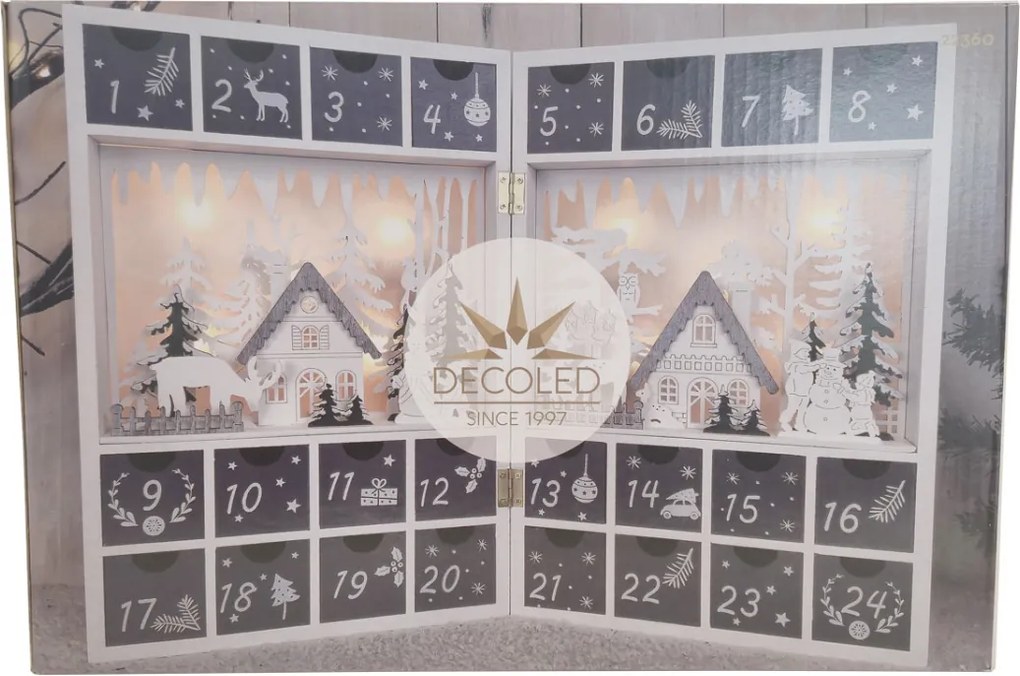 LED adventní kalendář, dřevěná kniha, 23,5 × 34,5 × 11 cm, bílá, šedá a zelená,otvírací, na 2× AA