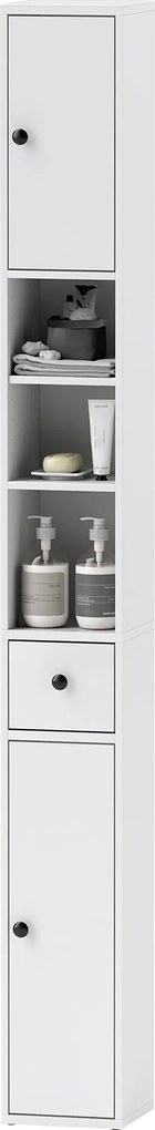 HOMCOM Úsporný Koupelnový Sloupec se 2 Skříňkami, 3 Otevřenými Policemi a Zásuvkou, Koupelnová Skříň s 8-ti Úrovňovými Nastavitelnými Policemi z Dřeva
