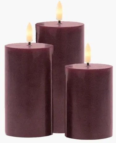 LED svíčky z pravého vosku dobíjecí Bordeaux, sada 3 ks, výška 10/12,5/15cm, ø 7,5 cm, vínová, bez stanice