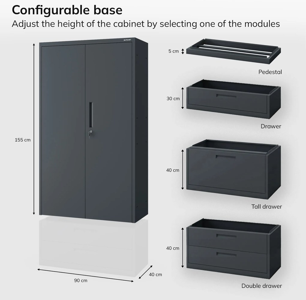 Kovová skříň MEGAN – antracitová, dvojitá zásuvka, 195 cm