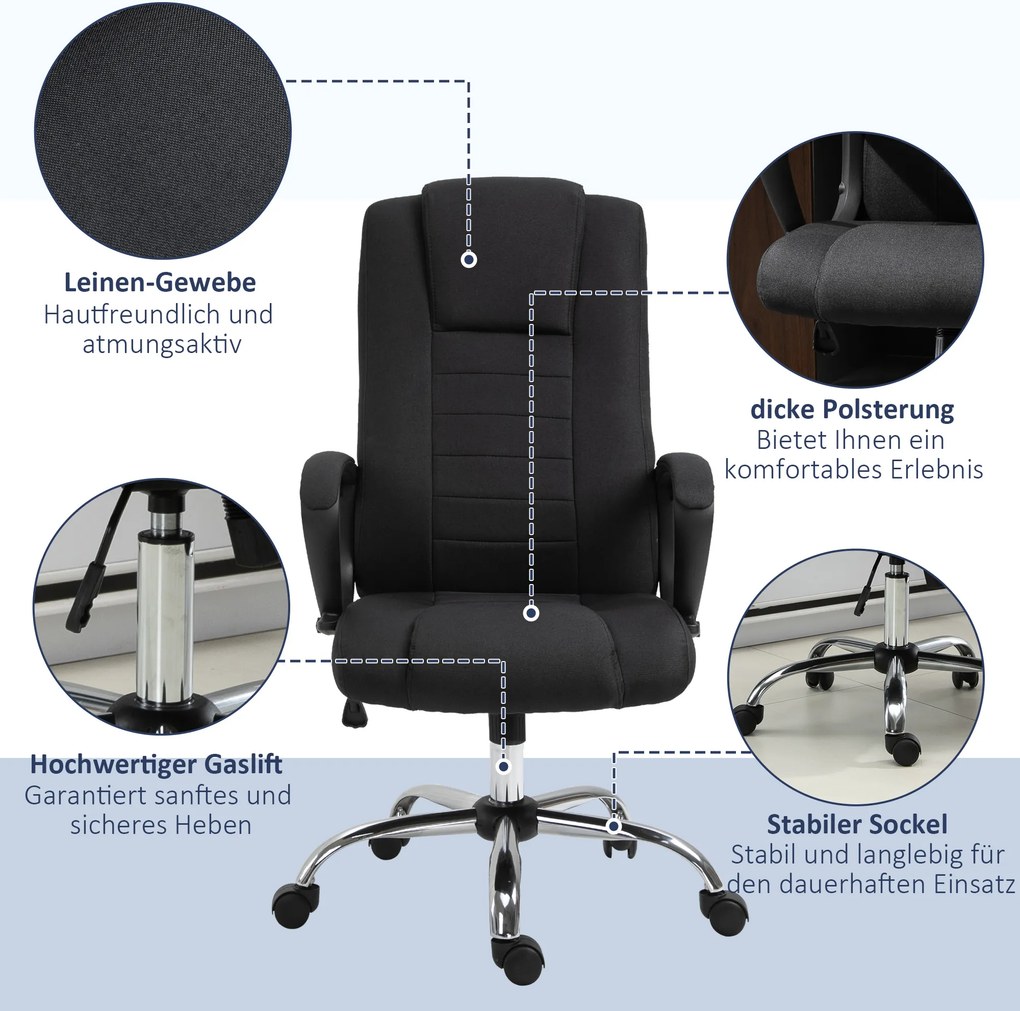 Výškově nastavitelná kancelářská židle Vinsetto, ergonomická kancelářská židle, počítačová židle s houpací funkcí, černá, 62 x 62 x 110-119 cm | Aosom
