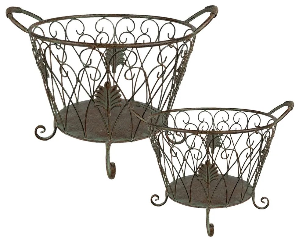 2ks dekorační šedo-zelený kovový košík - 41*33*29 / 35*28*24 cm