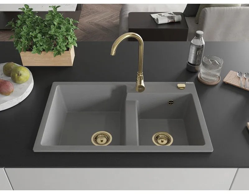 Mexen Tomas, granitový dřez 800x500x190 mm, 2-komorový, šedá se zlatým sifonem, 6516802000-71-G