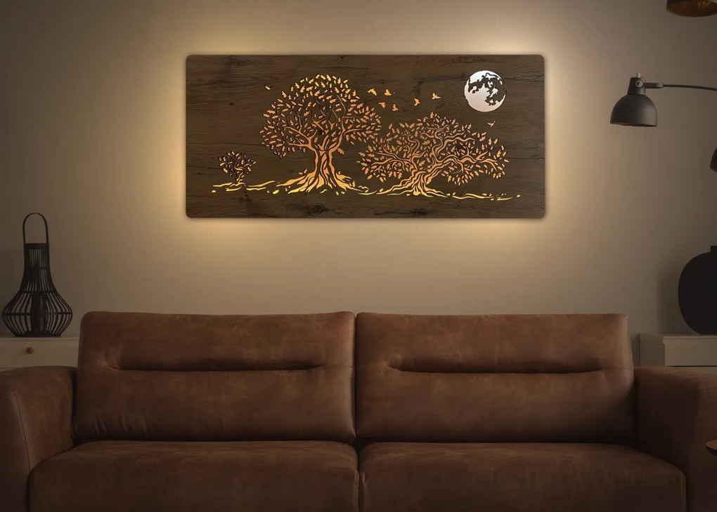 Li-Go "Tři duby a měsíc" světelný obraz s baterií 110x50cm varianta: ovládání na obraze bez dálkového ovladače, provedení: bříza
