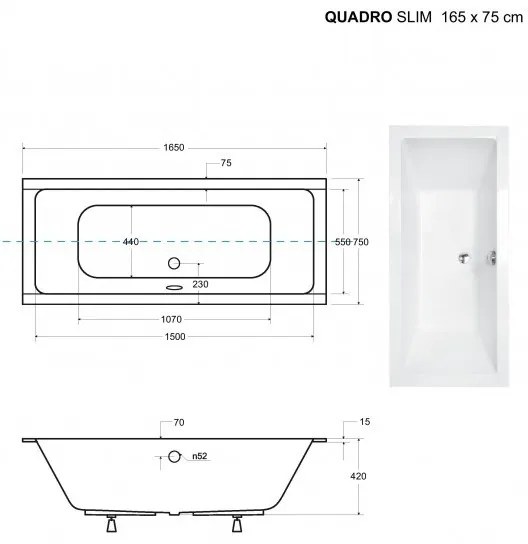 BESCO Obdélníková vana QUADRO SLIM Nožičky k vaně - S nožičkami, Rozměr vany - 165 × 75 cm - VANQAUD165SLIM+OLVPINOZ