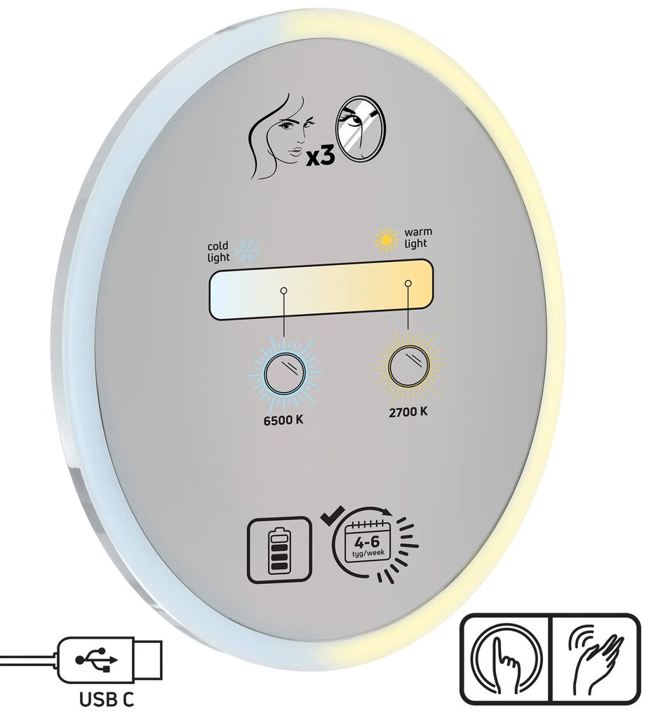 Deante Round příslušenství, kosmetické LED zrcátko 220x220 mm, zvětšení (3x), ADR_0821