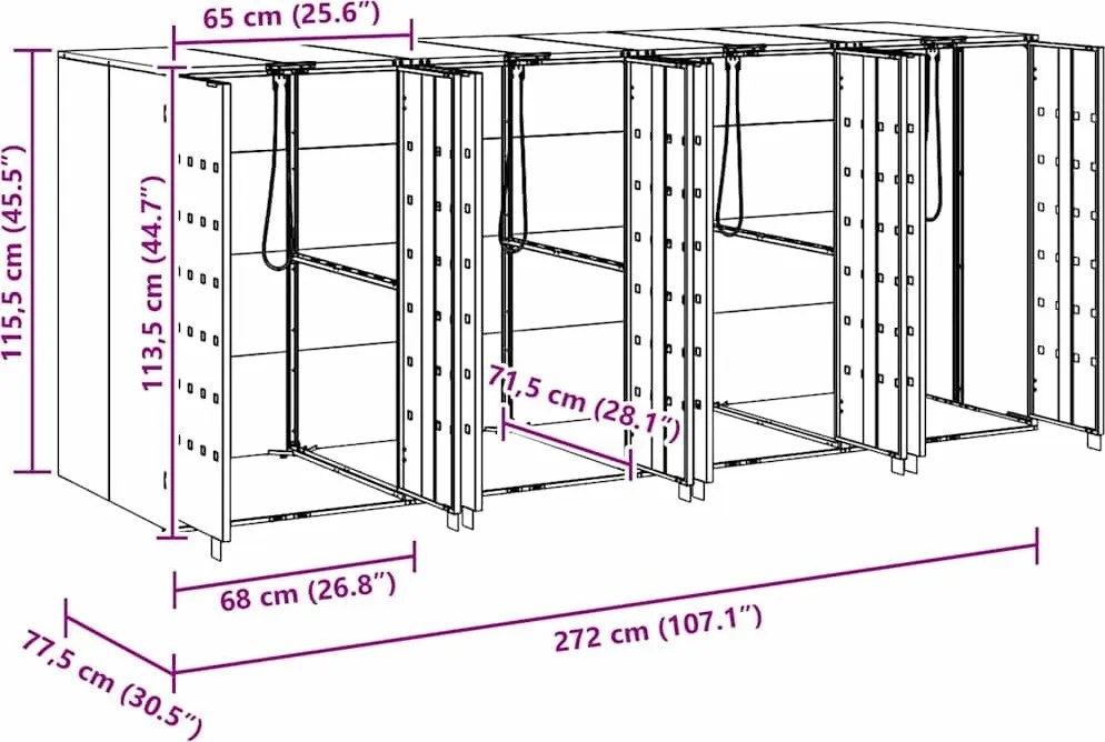 vidaXL Úložný box na 3 popelnice Antracit 340 x 77,5 x 115,5 cm Ocel [3394780]